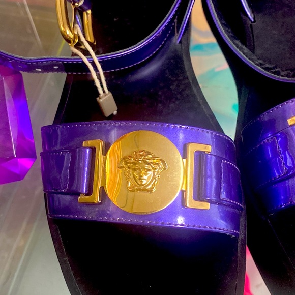 Versace | Shoes | Versace Purple Laminated Leather Wrap Around Platform ...